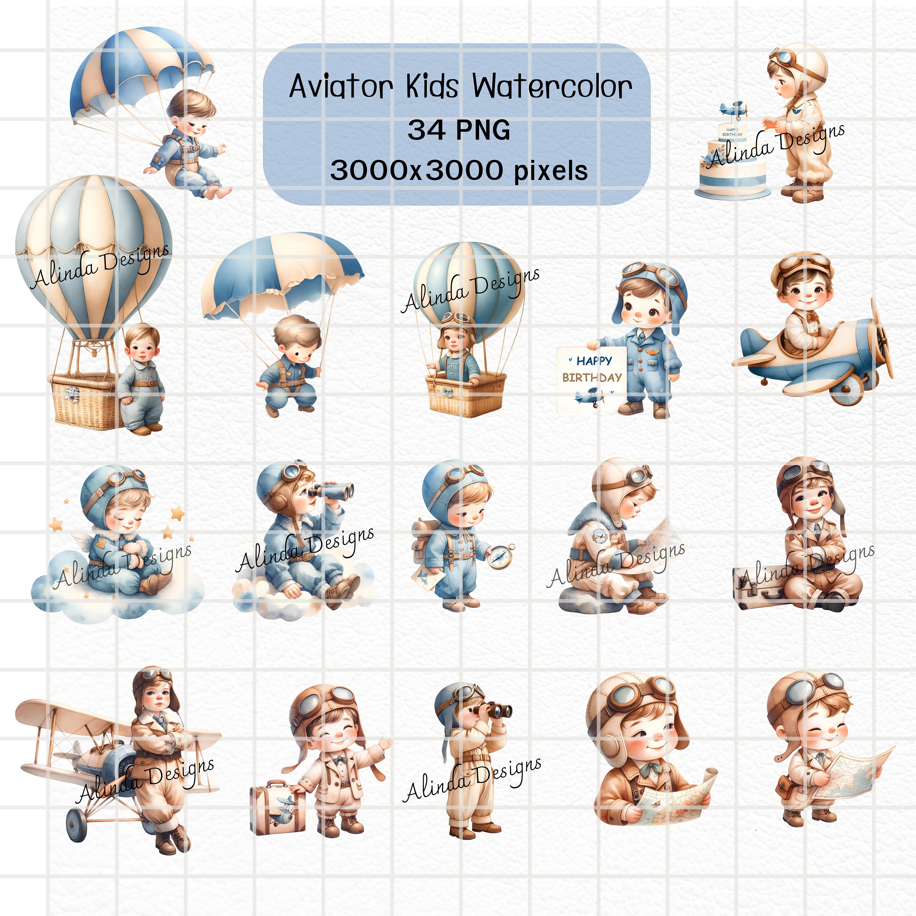 Aviator Kids Watercolor Clipart Set, Vintage Airplane Pilot Clipart ...