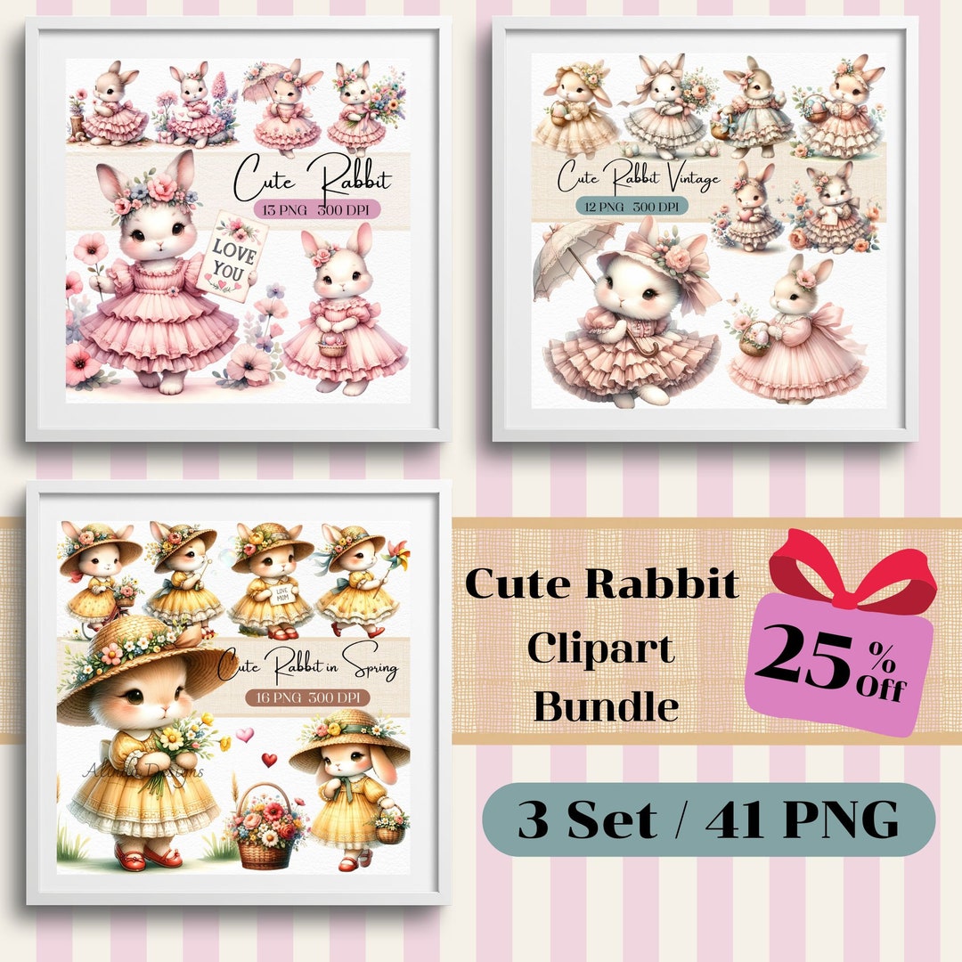 Cute Rabbit Clipart Bundle, Watercolor Bunny Illustrations, Digital ...