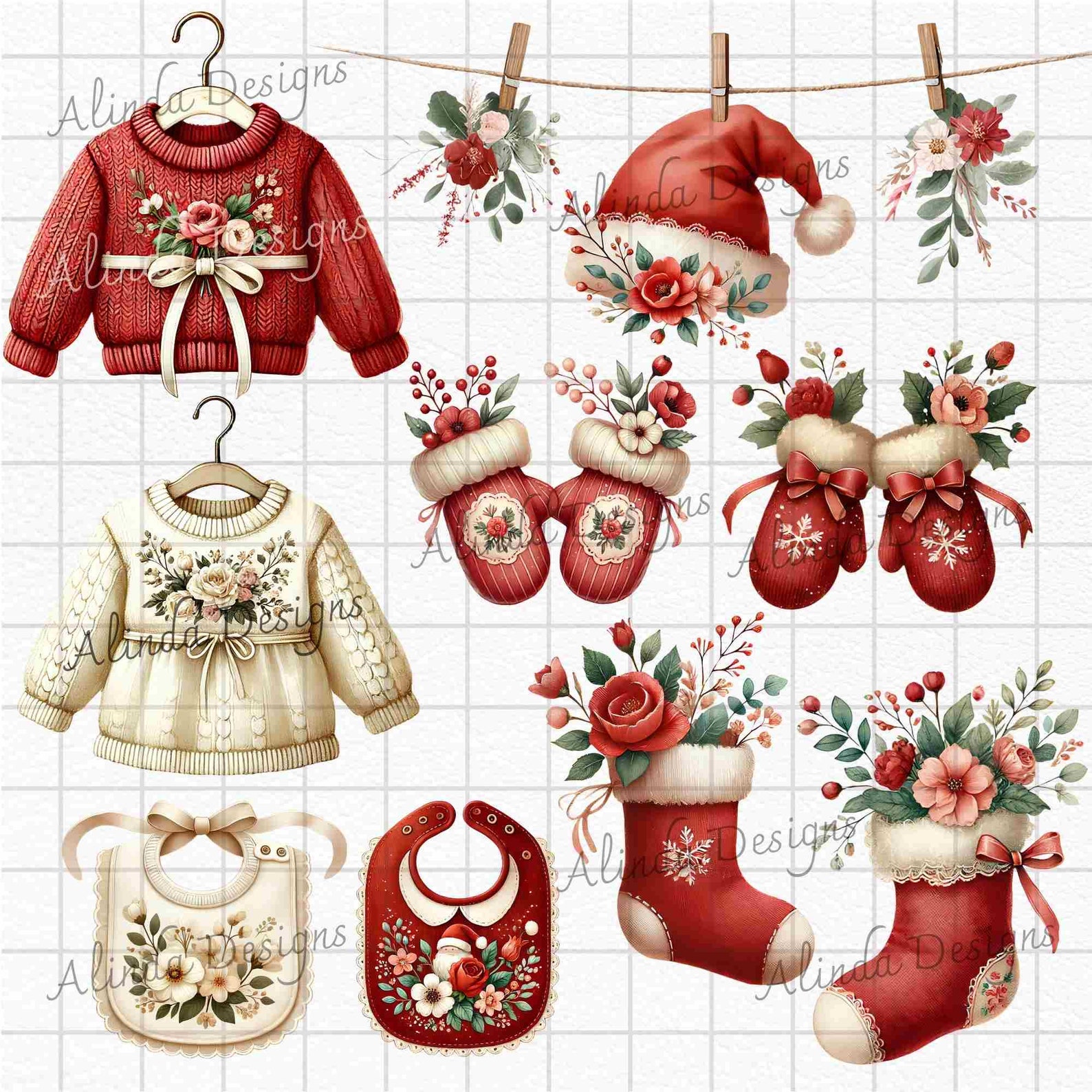 Vintage Christmas Baby Clothes Clipart: Retro Holiday Outfits (digital ...