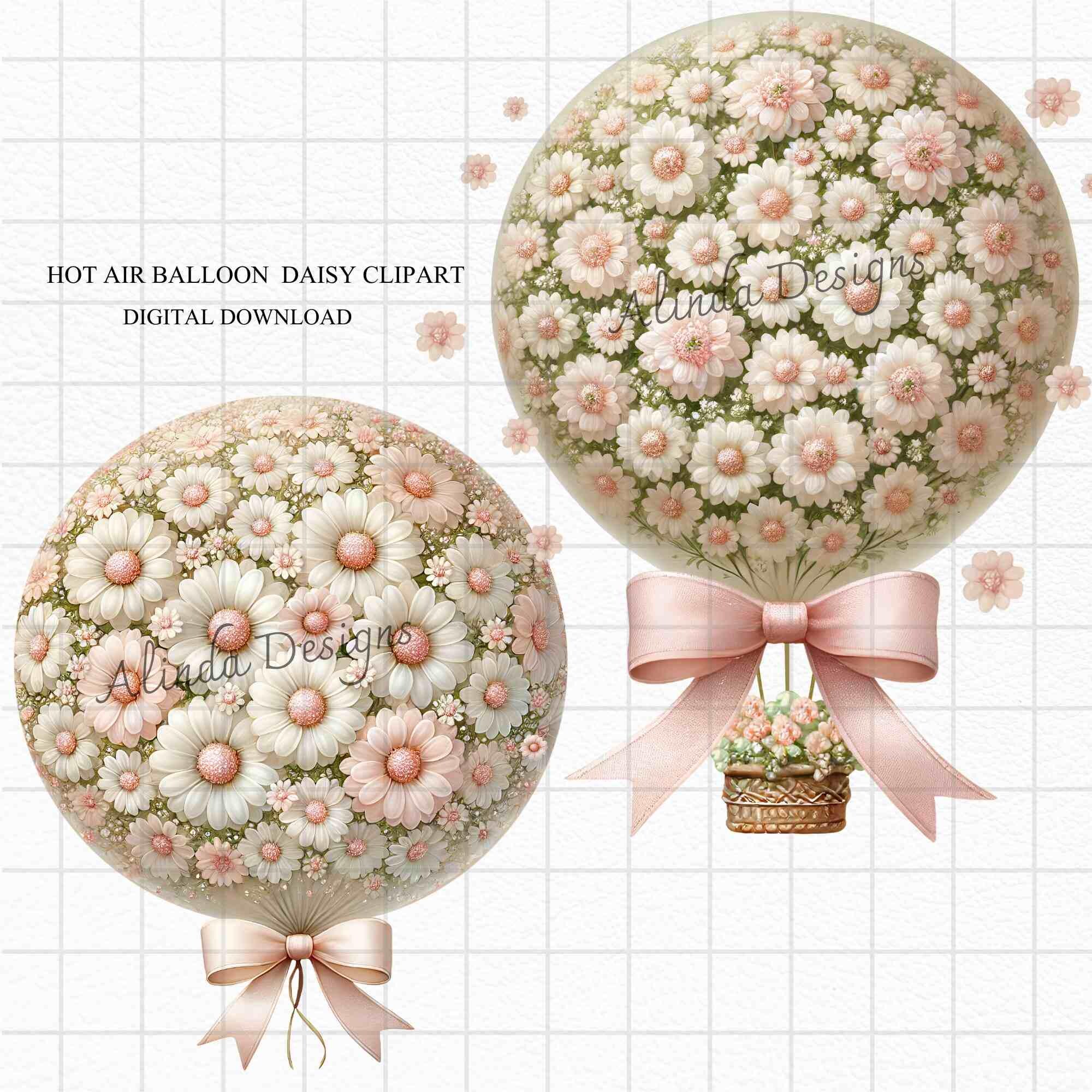 Daisy Hot Air Balloon Clipart, Watercolor Floral Balloon With Ribbons ...