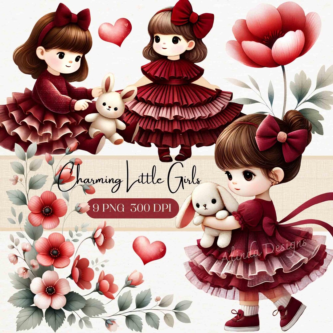 Cute Watercolor Girls in Red Dress PNG, Charming Little Girls Clipart ...