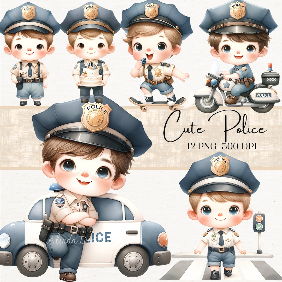 Watercolor Cute Police Clipart for Kids, Digital PNG Files, Clipart ...
