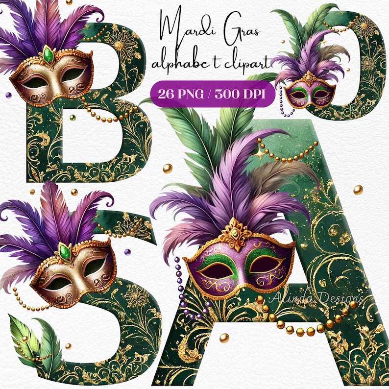 Mardi Gras Alphabet Clipart, Gold Masquerade Letters, Carnival Party ...