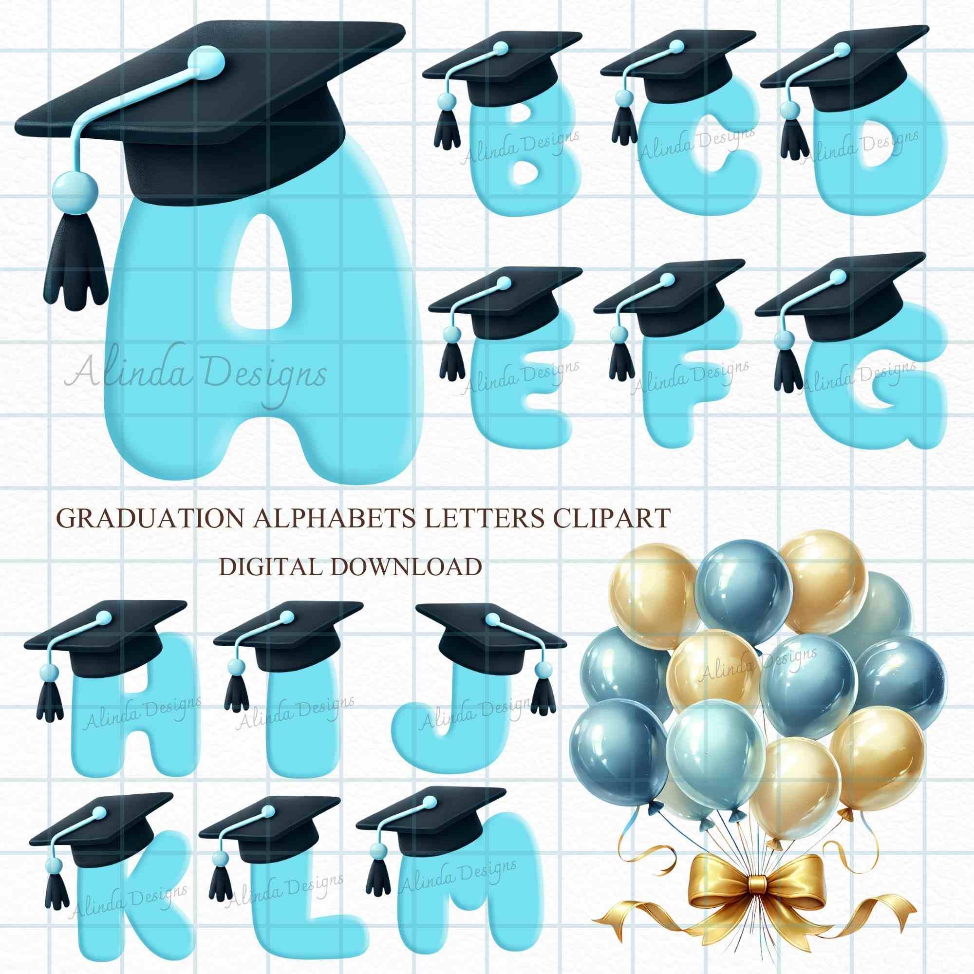 Graduation Alphabet Clipart, Blue and Gold Letters With Graduation Caps ...