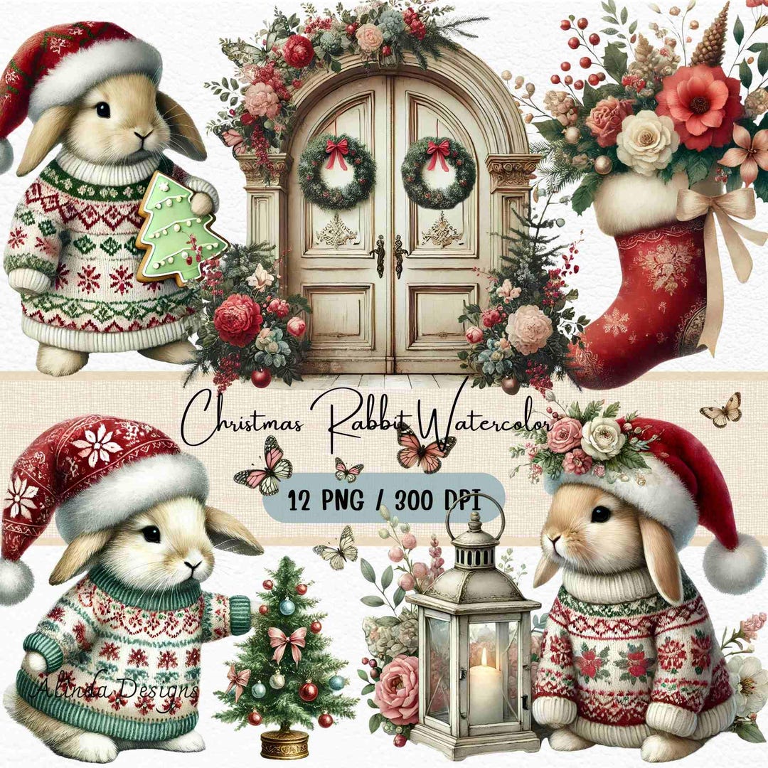 Christmas Rabbit Watercolor Clipart: Holiday Bunny PNG (digital ...