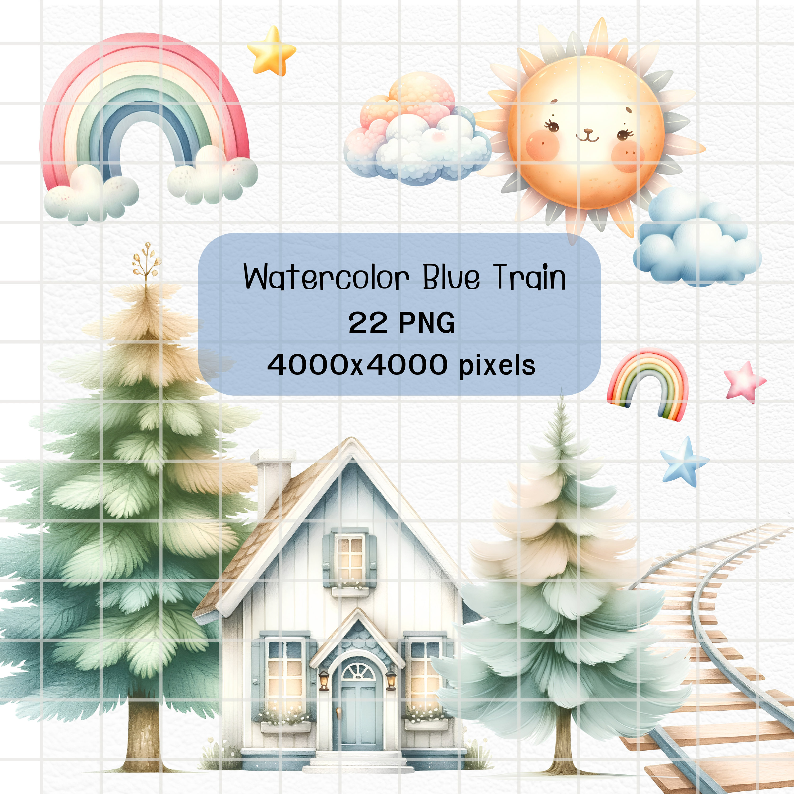 Watercolor Blue Train Clipart: Vintage Locomotive PNG (digital Download ...