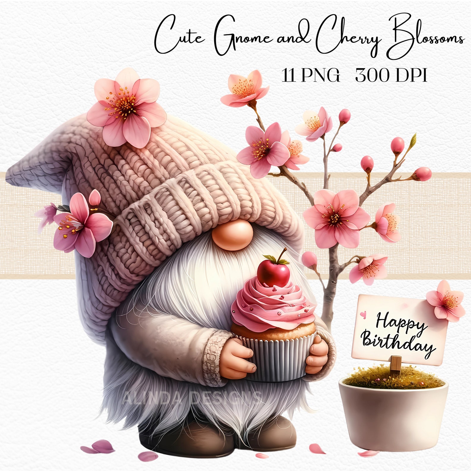 Spring Gnome Clipart, 11 PNG Watercolor Gnome Cherry Blossom, Cute ...