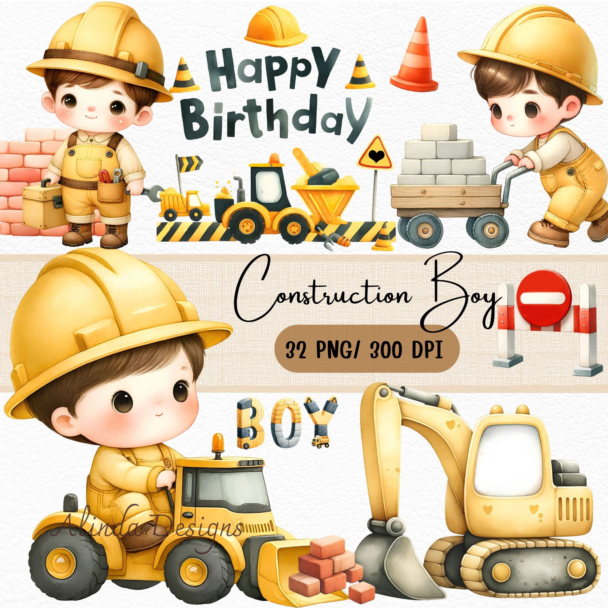 Watercolor Construction Clipart: Vehicles, Birthday Theme (PNG Digital ...