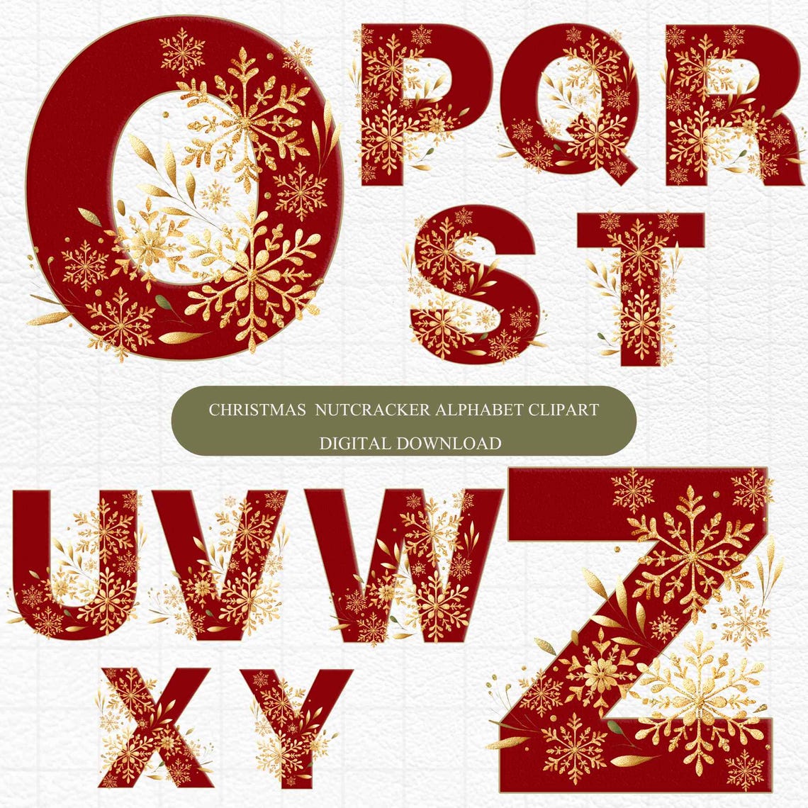 Christmas Nutcracker Alphabet Clipart: Red & Gold Snowflake Letters PNG ...