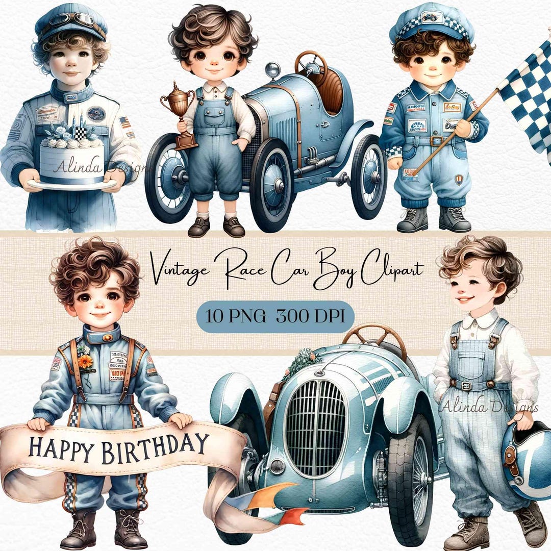 Vintage Race Car Boy Clipart PNG, Retro Racing Birthday Party ...