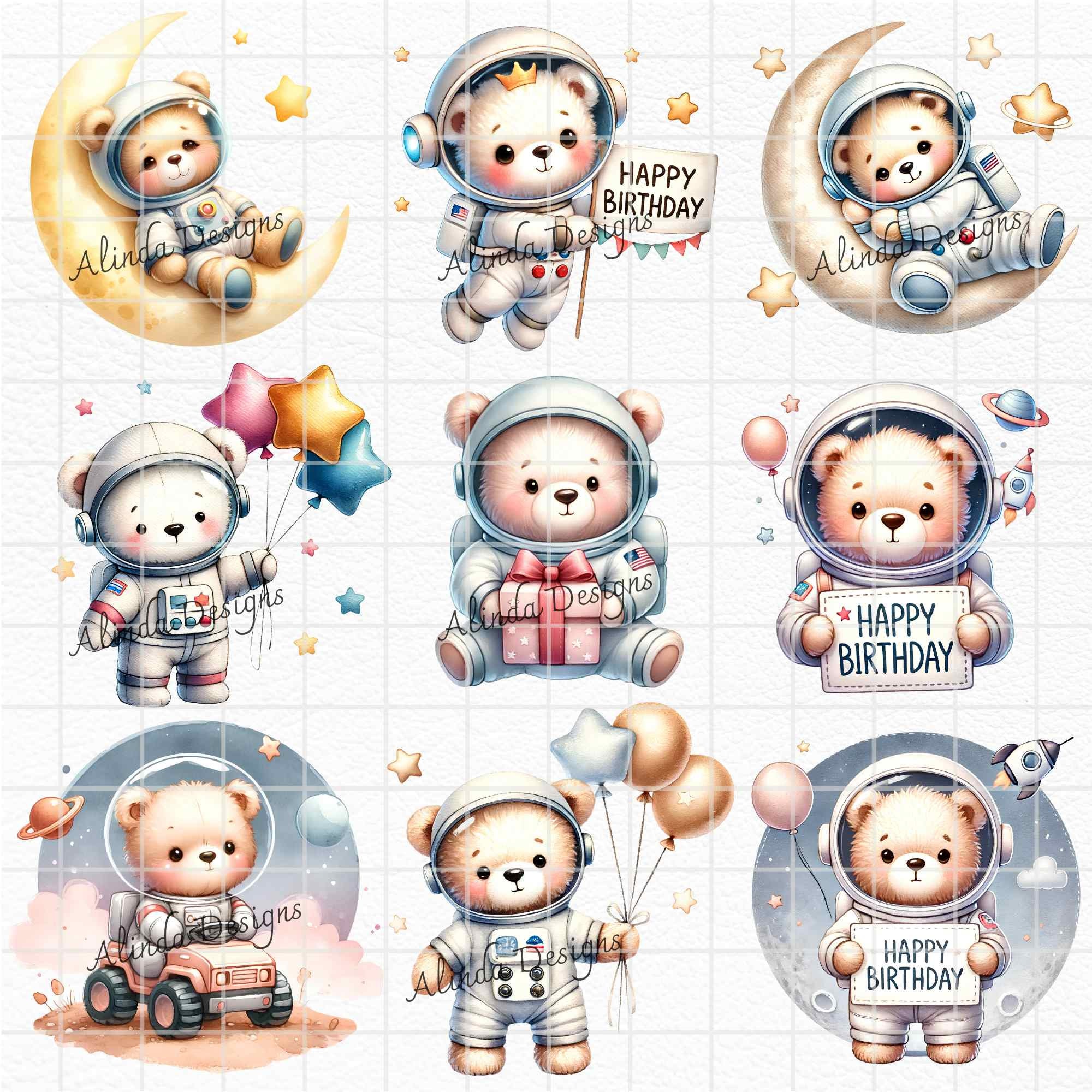 Adorable Watercolor Teddy Bear Space Clipart, Cute Cosmic Digital ...