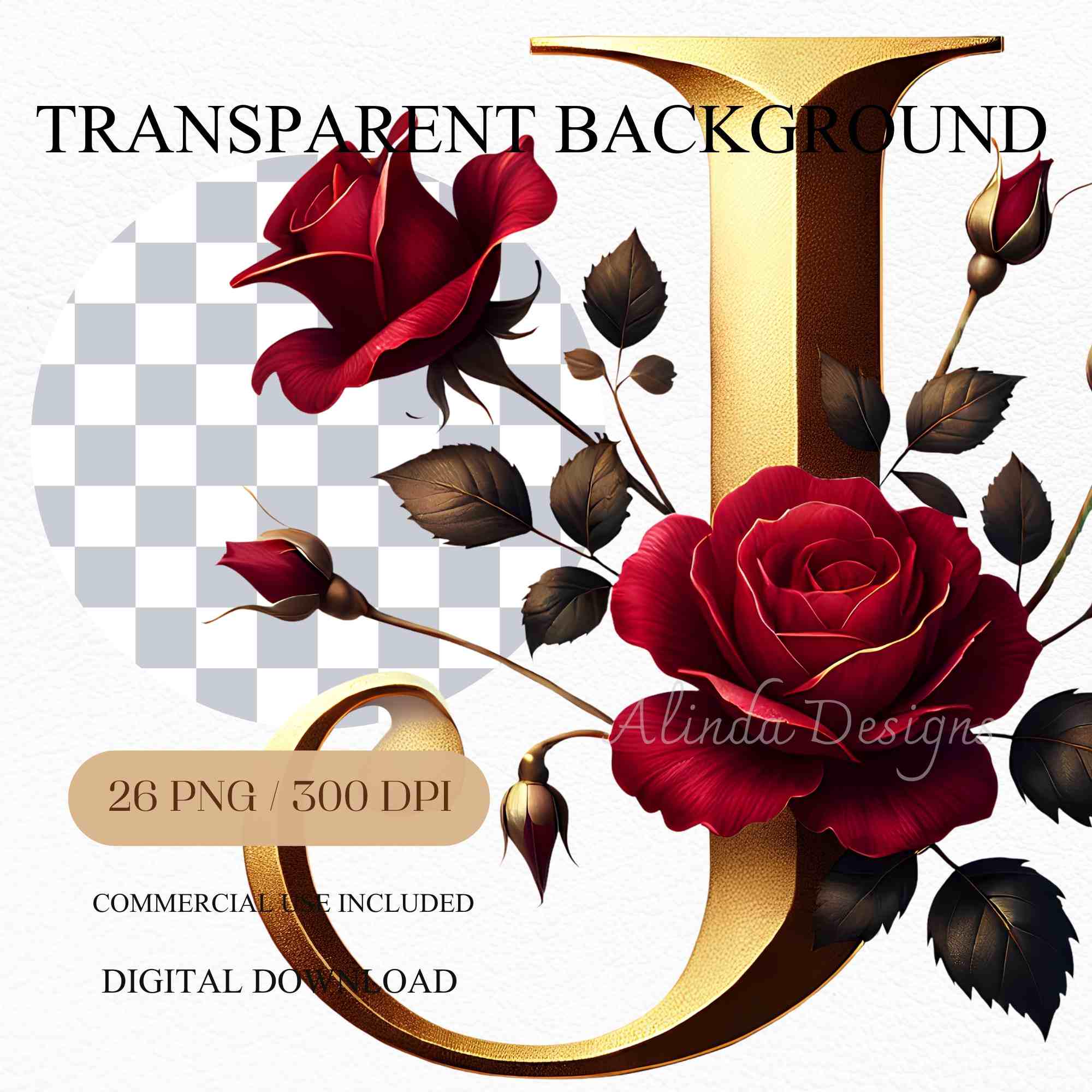 Gold Alphabet With Red Roses Clipart, Elegant Floral Letters, 26 PNG ...
