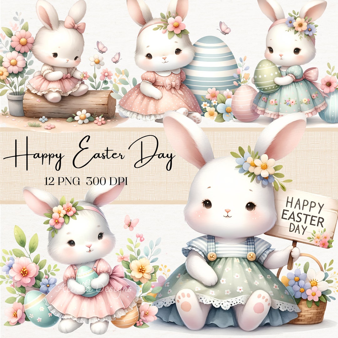 Cute Watercolor Rabbit Clipart for Easter, Happy Easter Day PNG ...