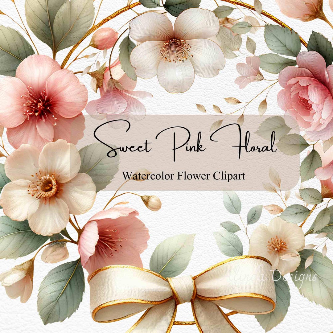 Sweet Pink Floral Watercolor Clipart, Elegant Soft Flowers With Gold ...