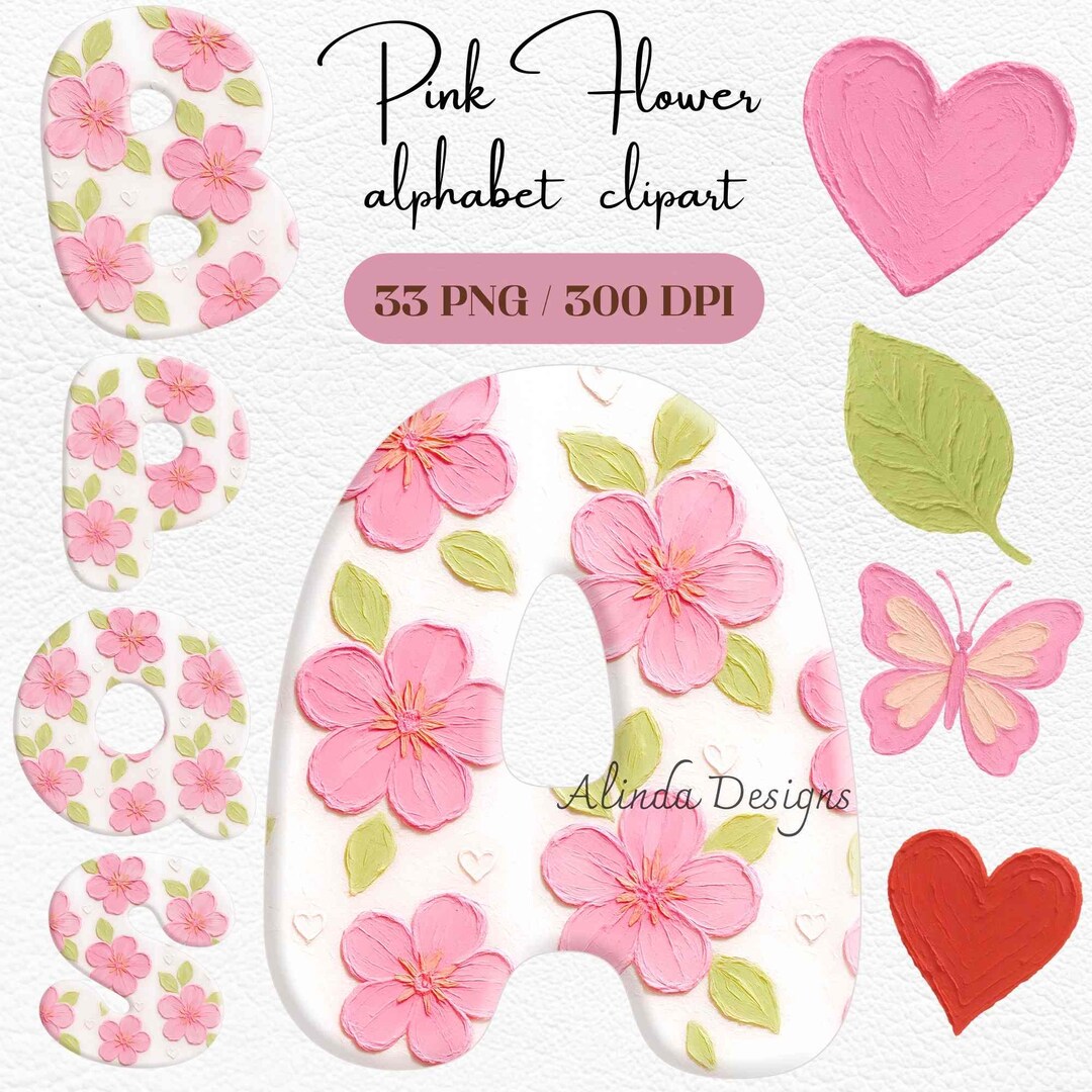 Pink Floral Alphabet Clipart: Hand-painted Spring Letters PNG - Etsy