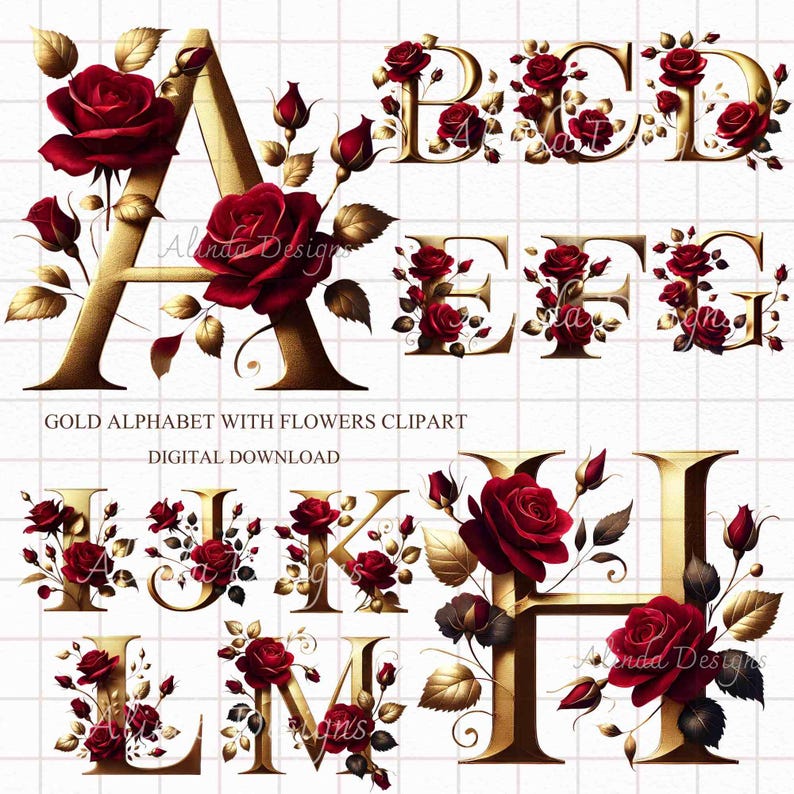 Gold Alphabet Red Roses Clipart: Elegant Wedding Letters (PNG) - Etsy