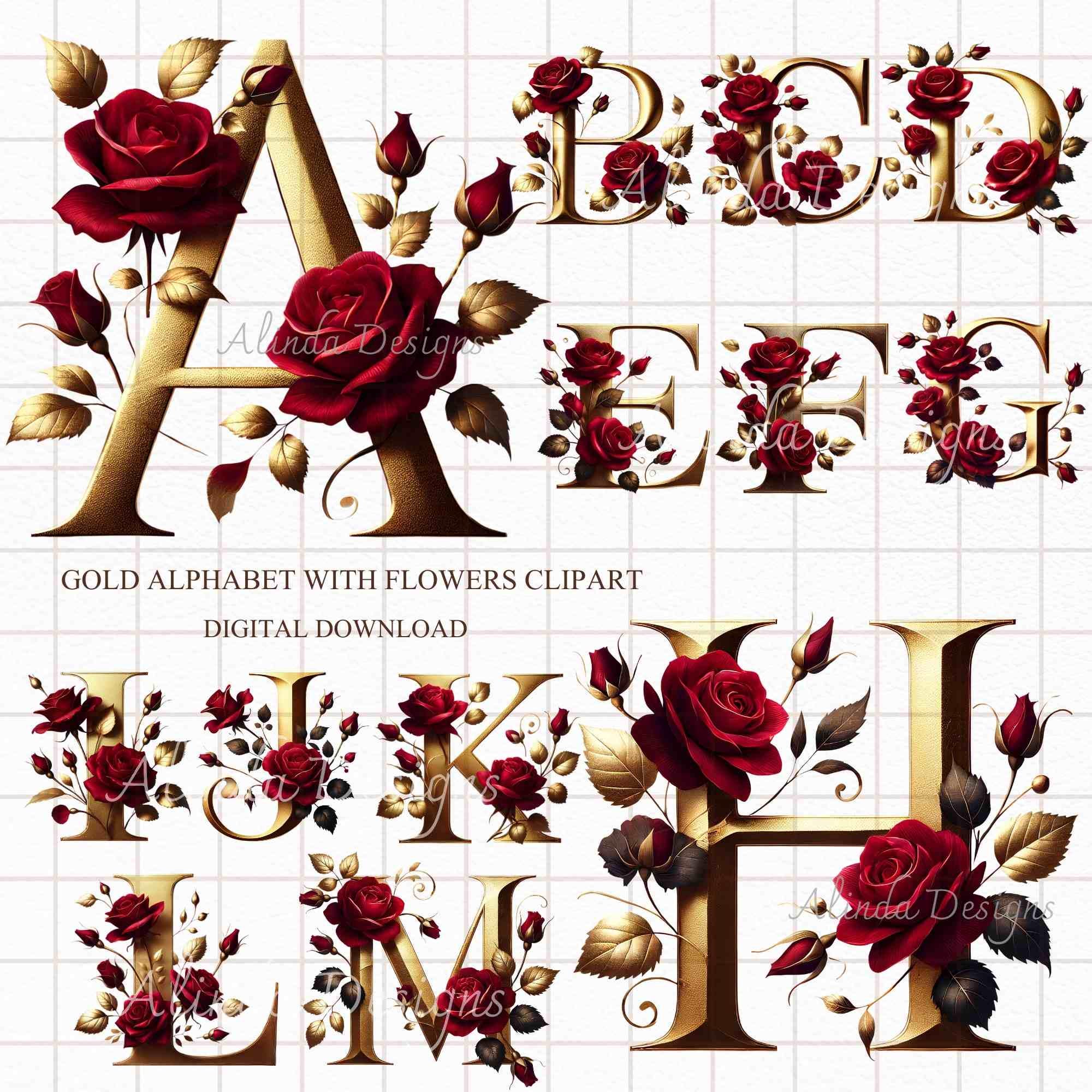 Gold Alphabet With Red Roses Clipart, Elegant Floral Letters, 26 PNG ...
