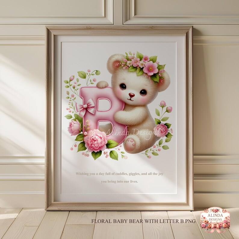 Floral Baby Bear Letter B PNG: Nursery Alphabet Clipart Digital ...