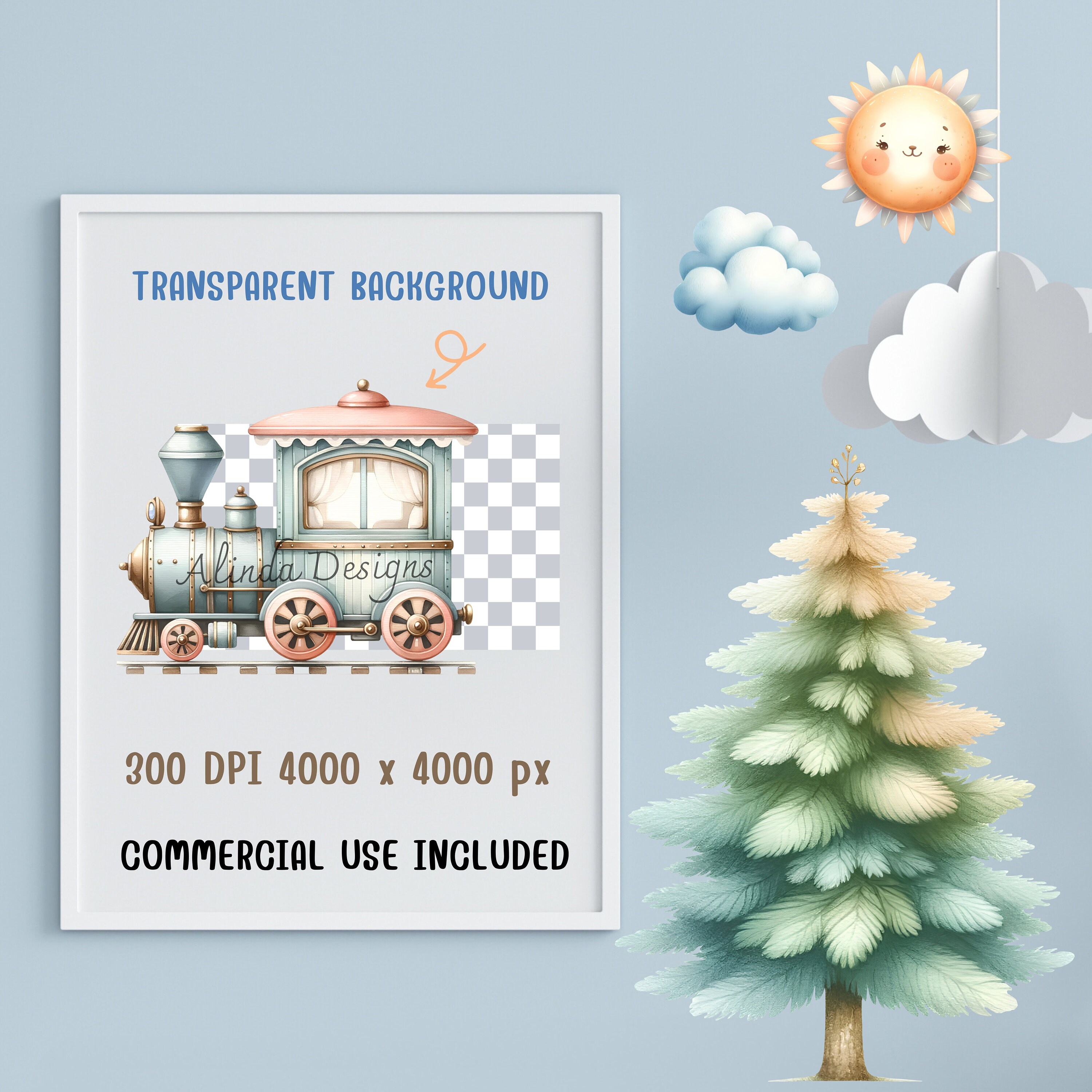 Watercolor Blue Train Clipart: Vintage Locomotive PNG (digital Download ...