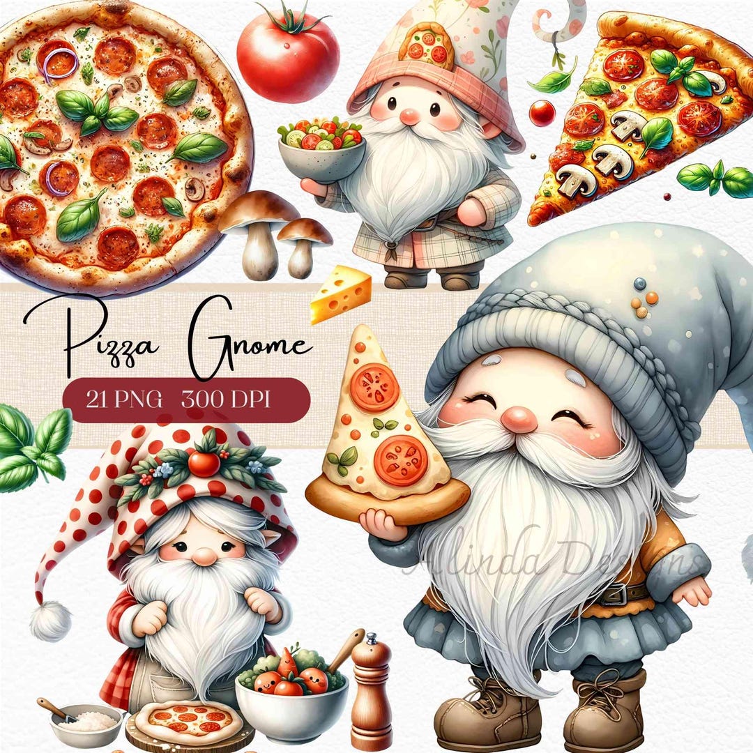 Pizza Gnome Clipart, Cute Chef Gnomes With Pizza, Italian Food ...