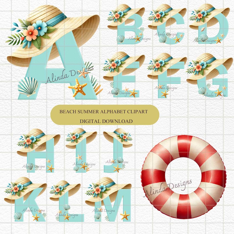 Beach Summer Alphabet Clipart, Tropical Letter PNG With Hat & Seashells ...