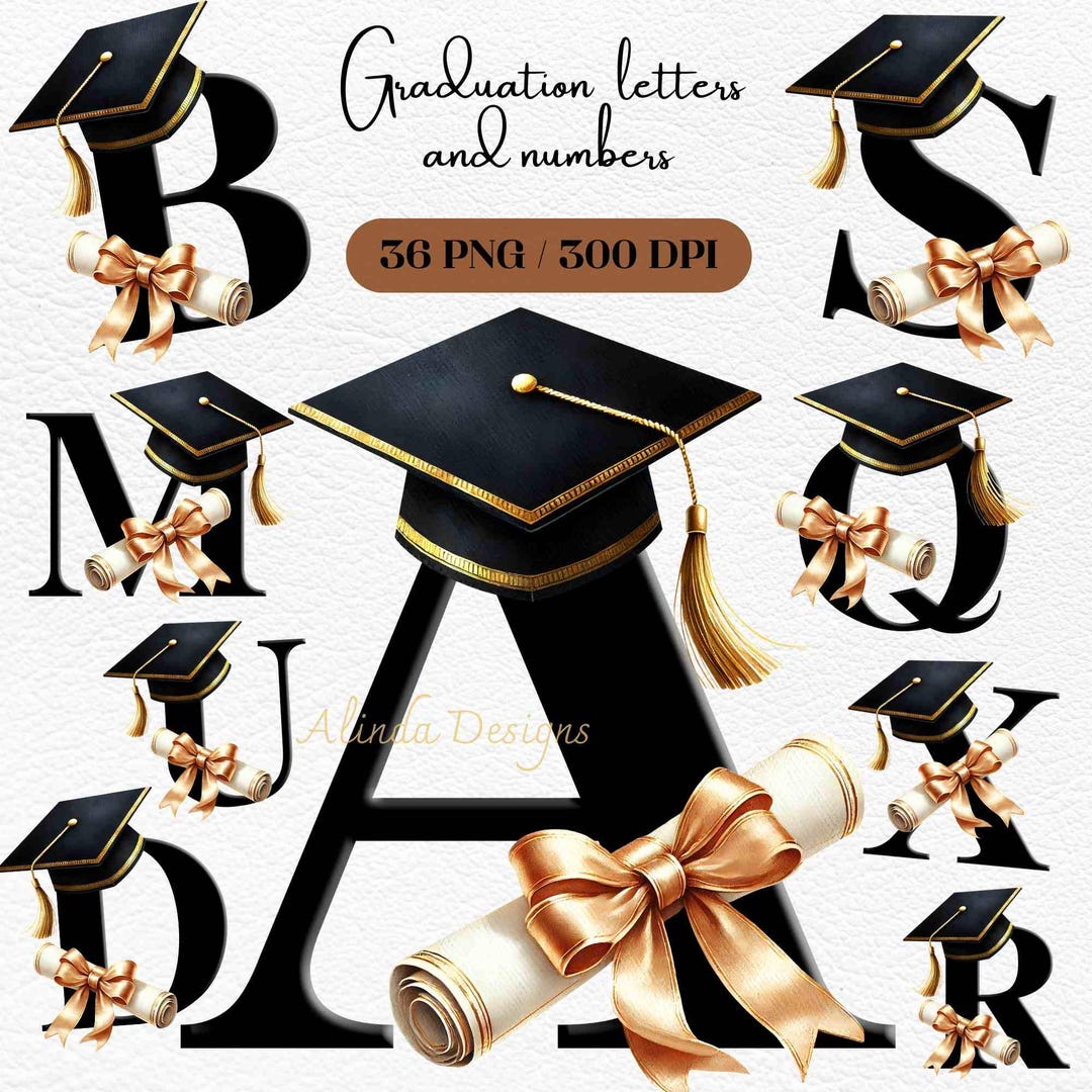 Graduation Letters and Numbers Clipart: A-Z, 0-9 (PNG Digital Download ...