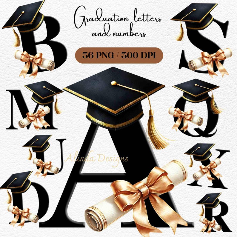 Graduation Letters and Numbers Clipart: A-Z, 0-9 (PNG Digital Download ...