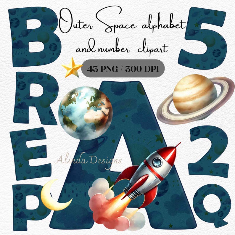 Outer Space Alphabet Clipart, Rocket & Planet Letter PNG Set for Kids ...
