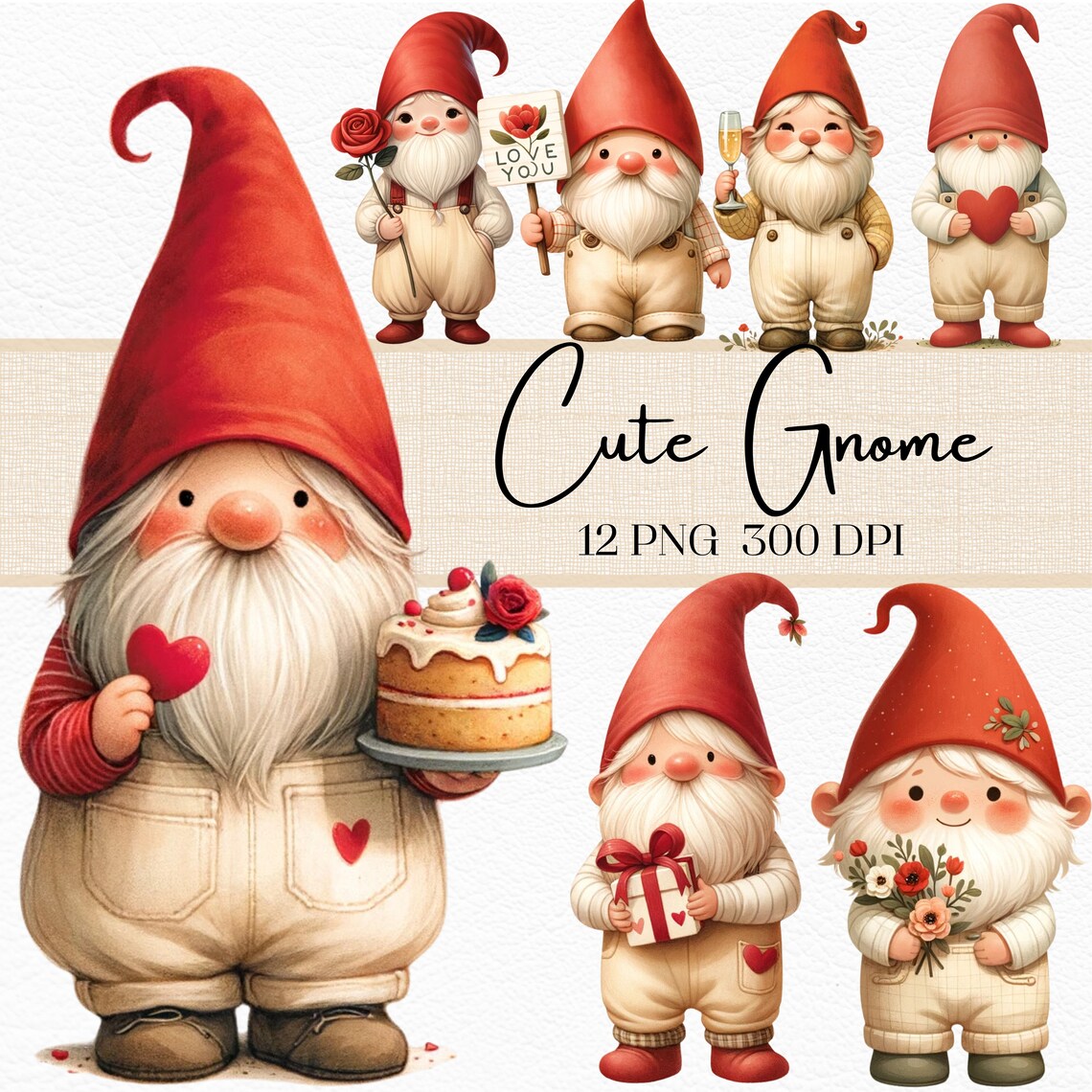 Valentines Gnomes Clipart, Watercolor Valentines Clipart, Bundle, Love ...