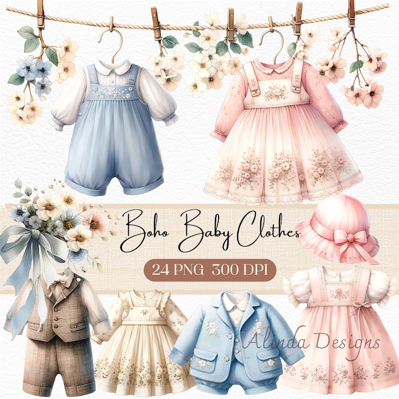 Boho Baby Clothes Clipart: Watercolor PNG, Nursery Decor (digital ...