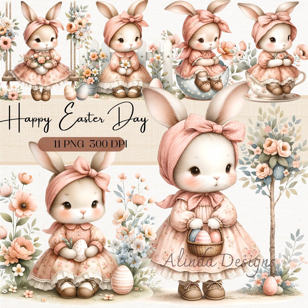 Cute Rabbit Easter Clipart, Happy Easter Day Digital Download, Bunny ...