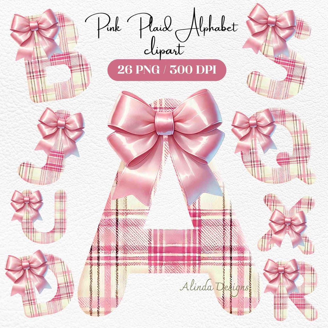 Pink Plaid Alphabet Clipart: Bow Letters, Nursery Decor (PNG) - Etsy