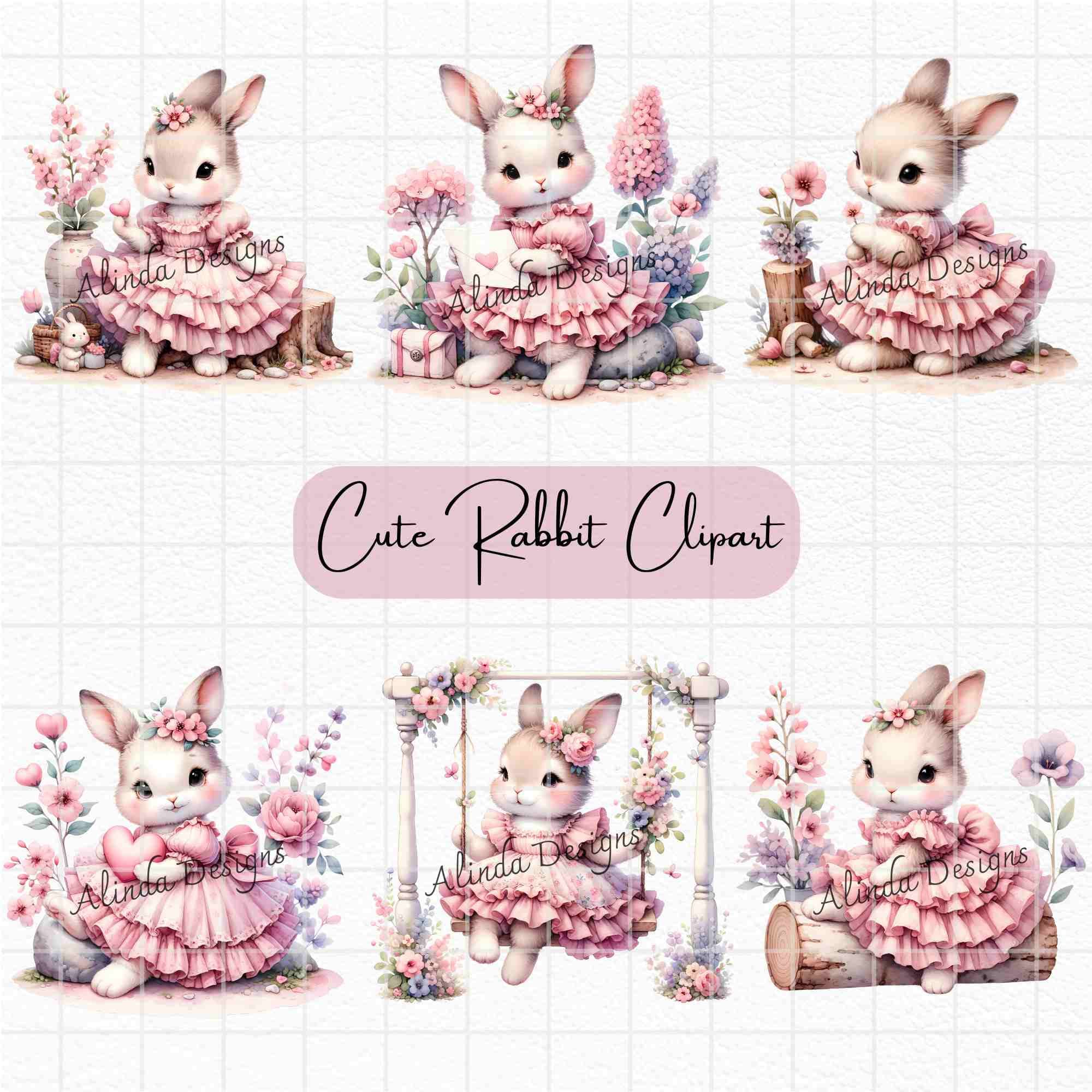 Bunnies Clipart, Spring Clipart Set, Easter Clipart Retro, Cute Bunny ...