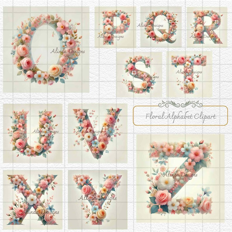 Watercolor Floral Alphabet Clipart: Flower Monogram PNG Digital ...