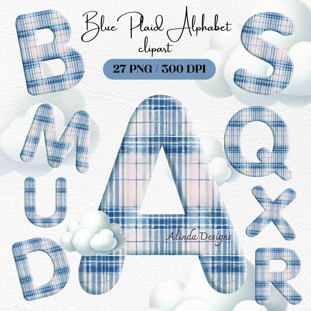 Blue Plaid Alphabet Clipart: Rustic A-Z Letters (PNG Digital Download ...