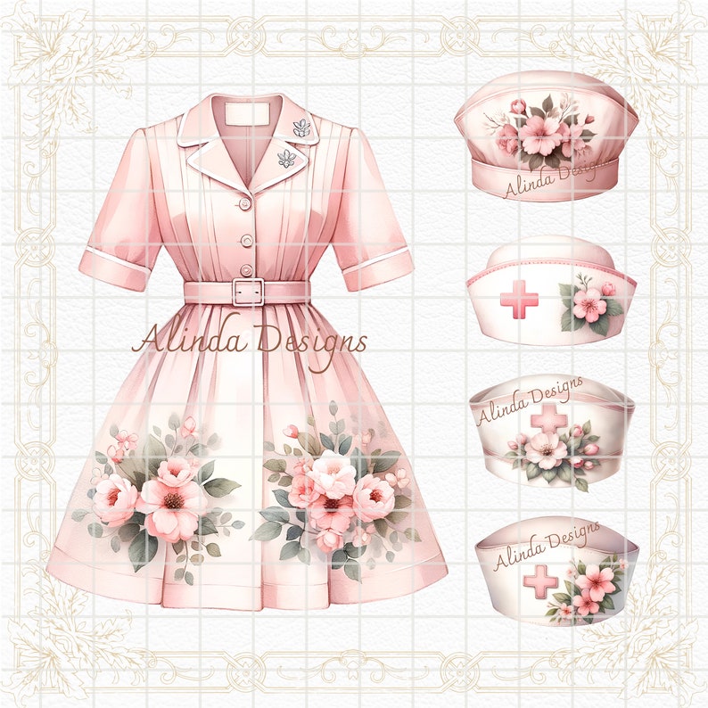 Retro Pink Nurse Clipart: Vintage Medical Graphics (digital Download ...