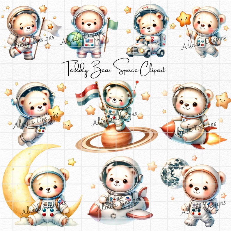 Adorable Watercolor Teddy Bear Space Clipart, Cute Cosmic Digital ...