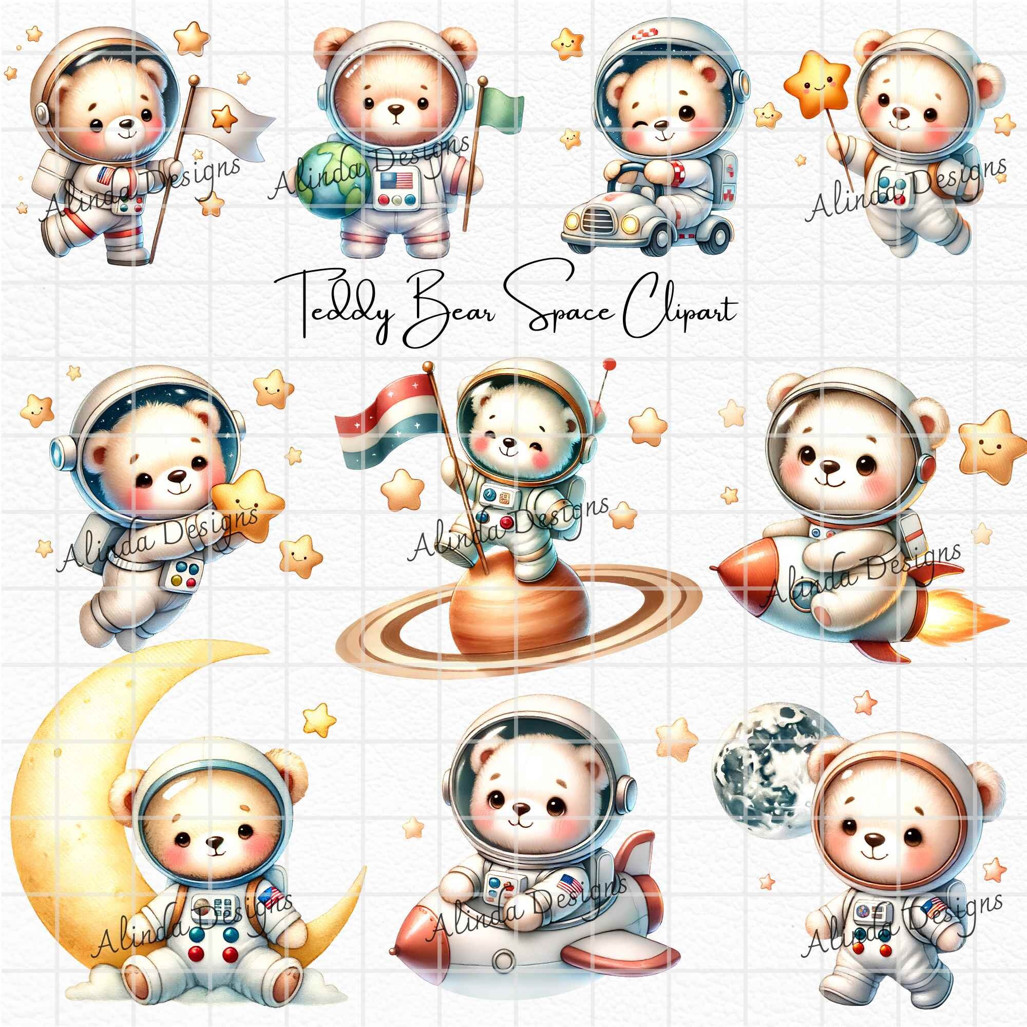 Adorable Watercolor Teddy Bear Space Clipart, Cute Cosmic Digital ...