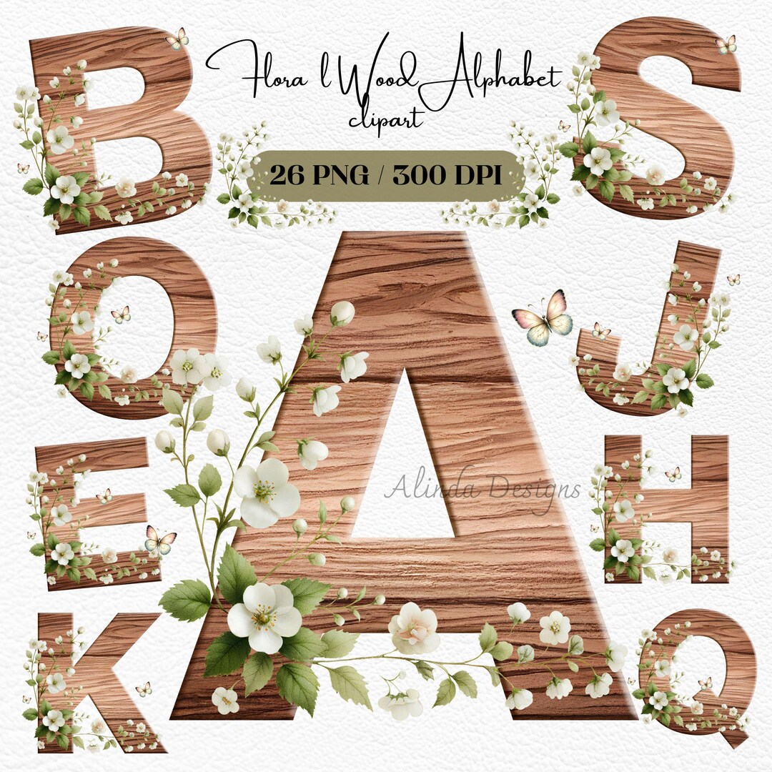 Floral Wood Alphabet Clipart: Rustic Watercolor Letters (PNG) - Etsy