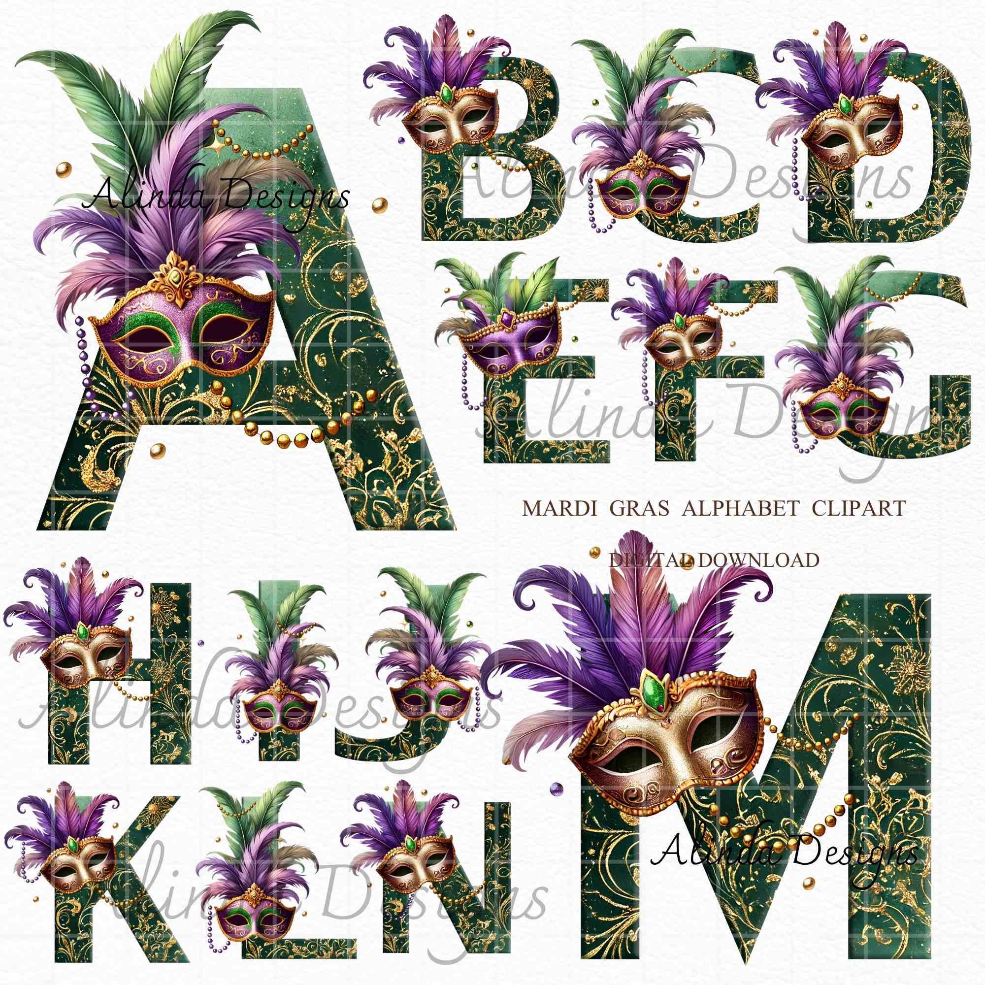 Mardi Gras Alphabet Clipart: Gold Masquerade Letters (PNG) - Etsy