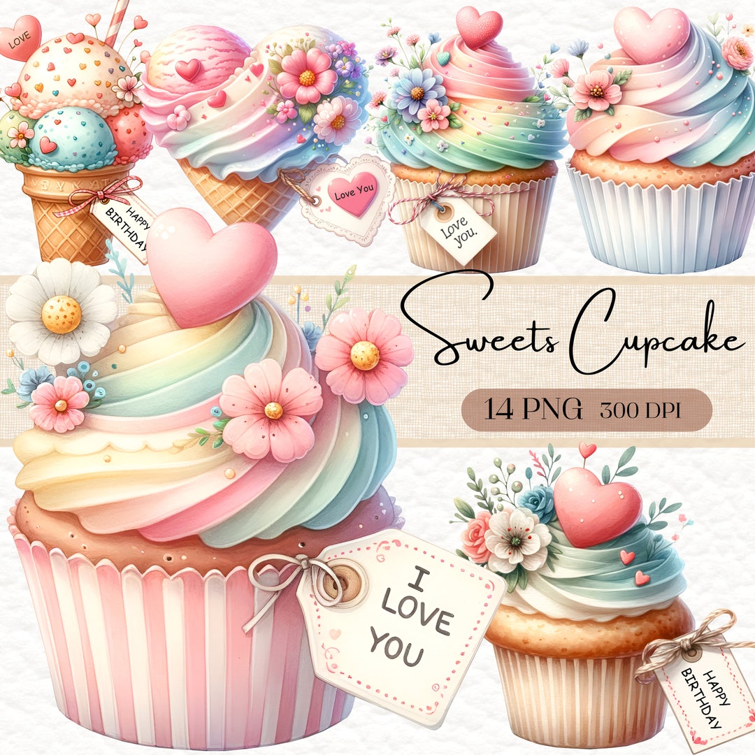 Watercolor Sweets Clipart: Valentine Cupcakes, Cakes (PNG, Digital ...