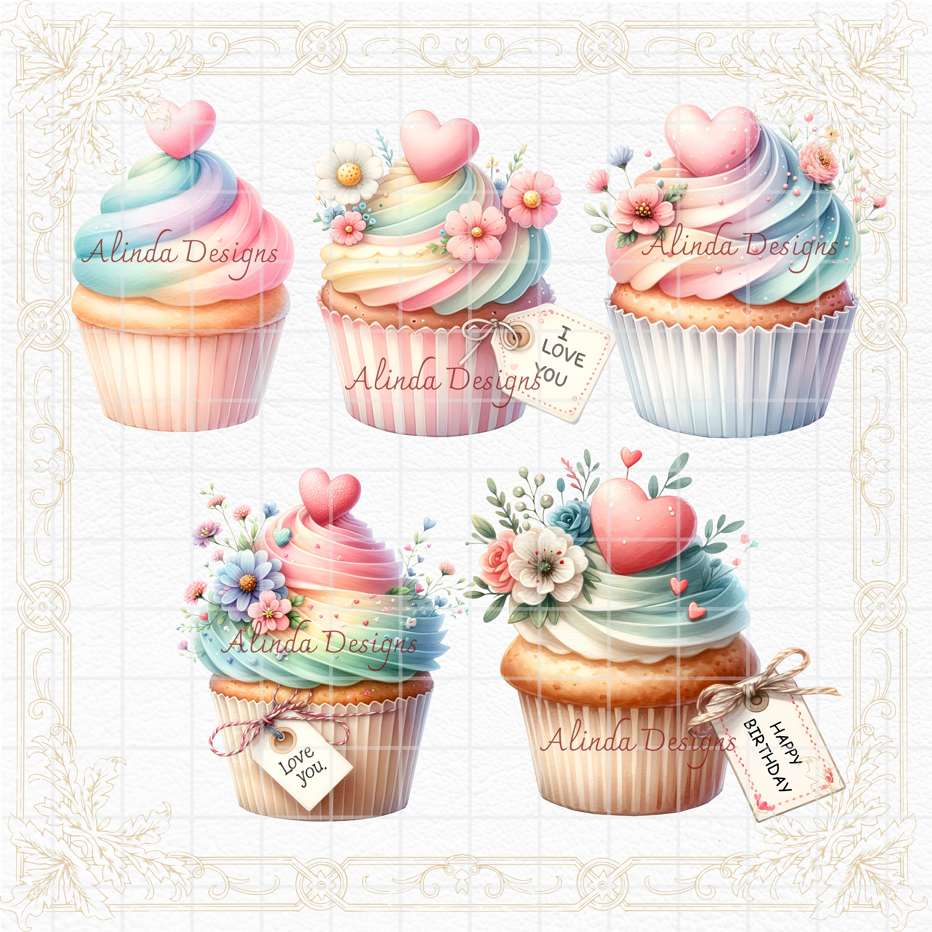 Watercolor Sweets Clipart: Valentine Cupcakes, Cakes (PNG, Digital ...
