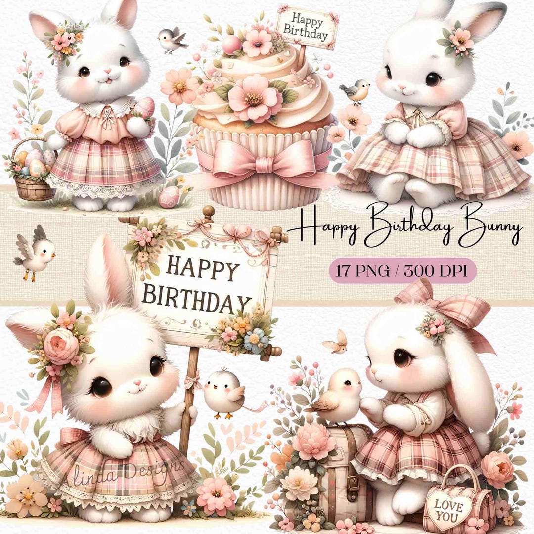 Happy Birthday Bunny Clipart, Cute Rabbit Party Graphics, Kids Birthday ...