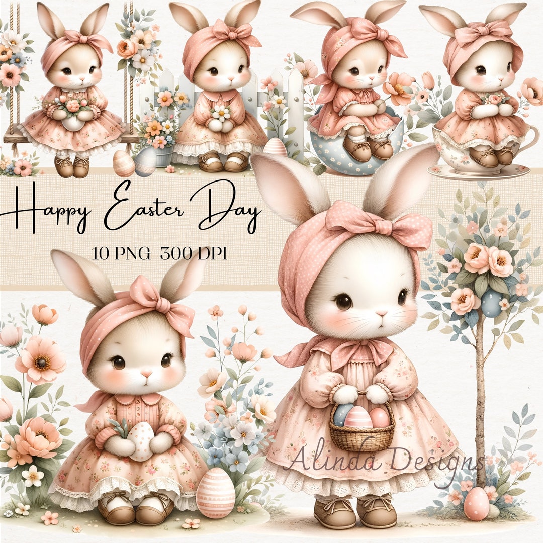 Cute Rabbit Easter Clipart, Happy Easter Day Digital Download, Bunny ...