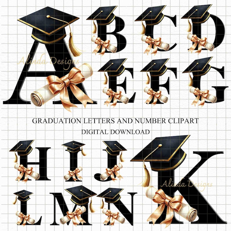 Graduation Letters and Numbers Clipart: A-Z, 0-9 (PNG Digital Download ...