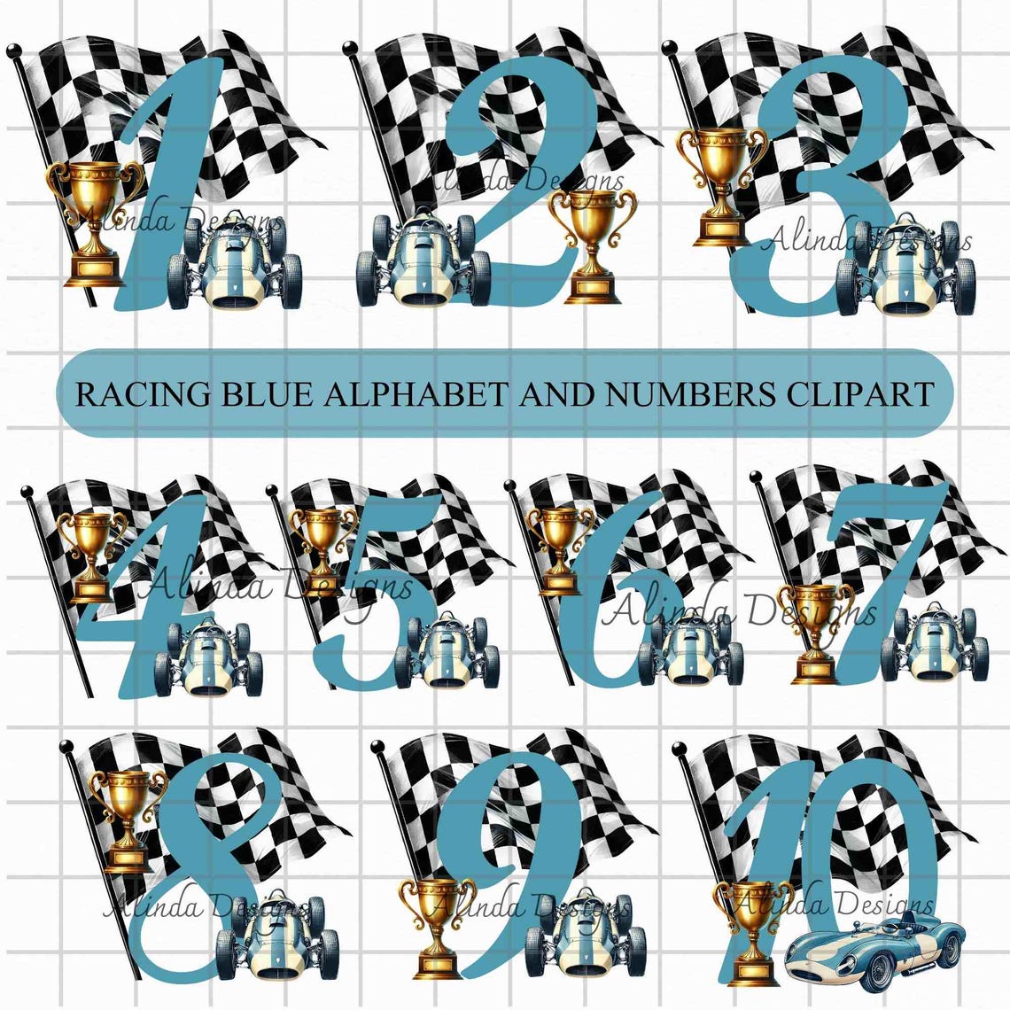Racing Car Alphabet Clipart: Blue Letters & Numbers PNG (digital ...