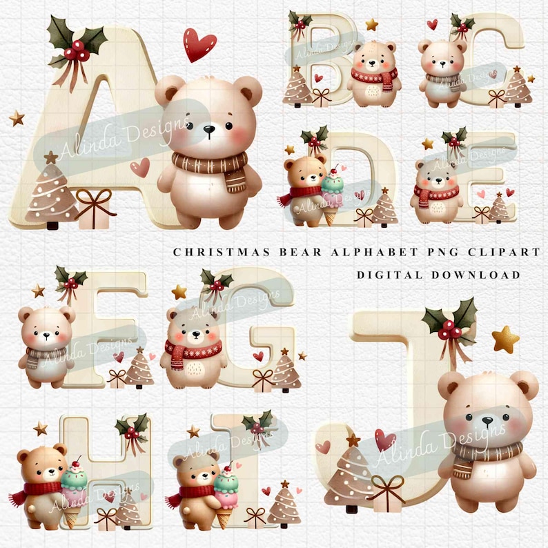 Christmas Bear Alphabet Clipart: Holiday PNG Letters (digital Download ...