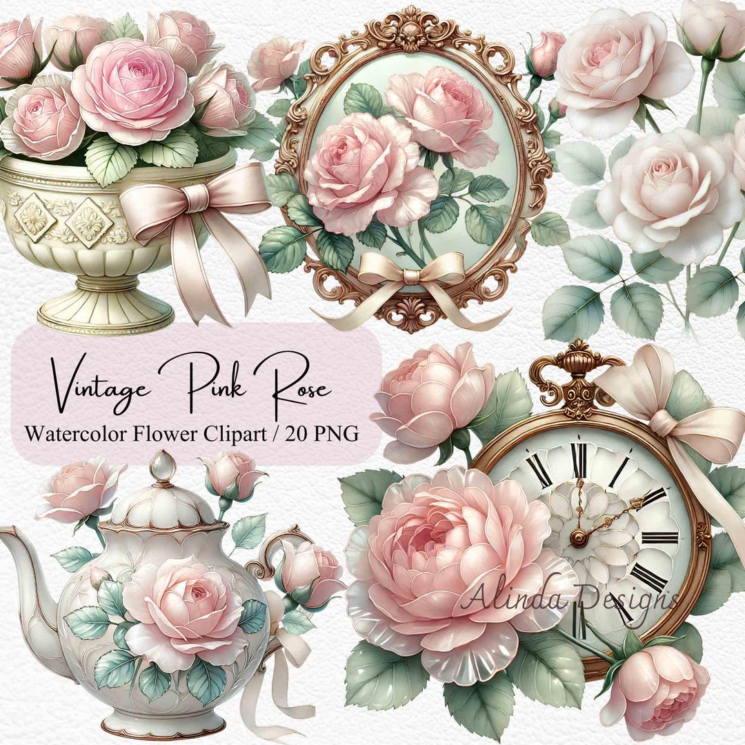 Vintage Pink Rose Watercolor Clipart, Elegant Floral Design With ...
