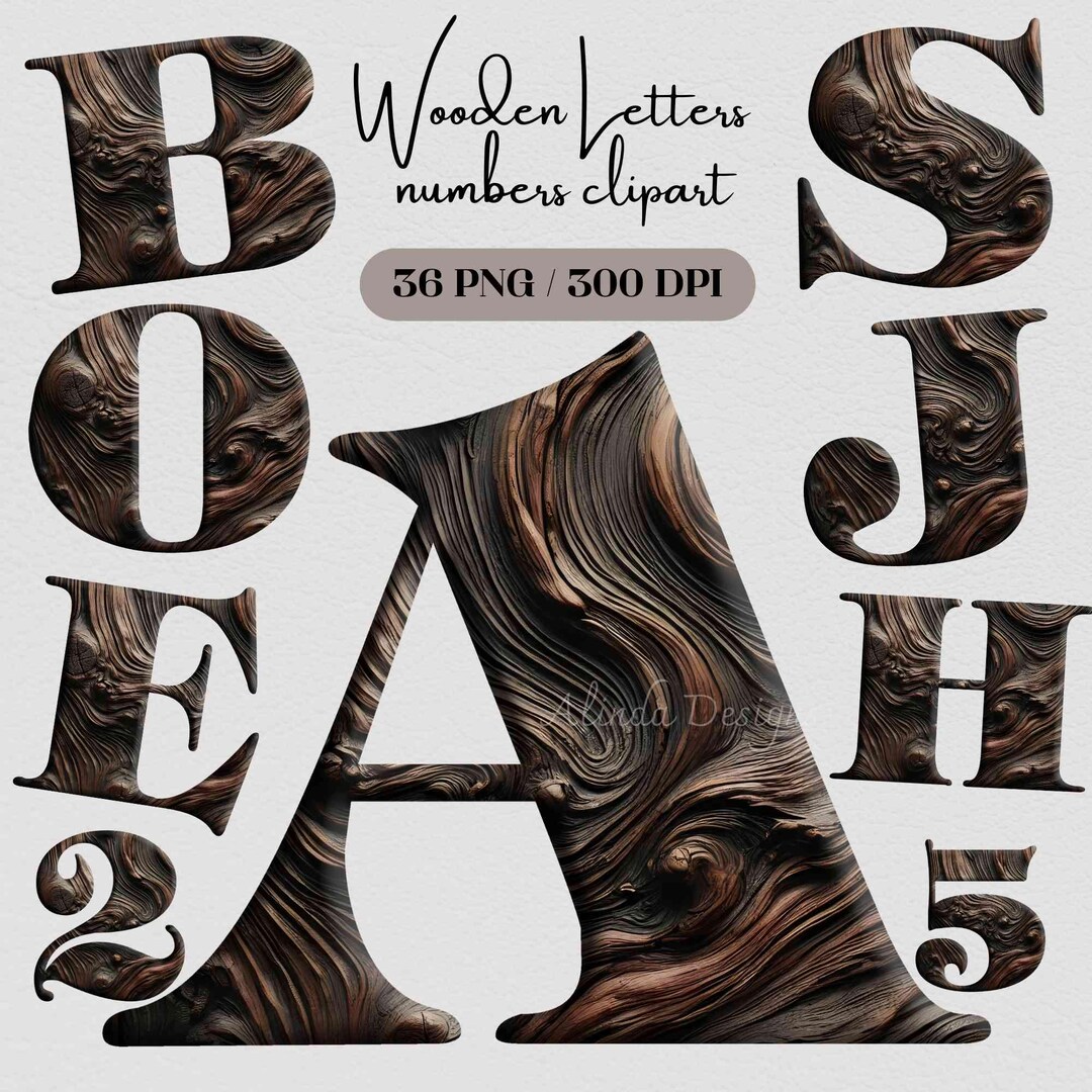 Dark Wood Texture Alphabet Clipart: Rustic PNG Letters (digital ...