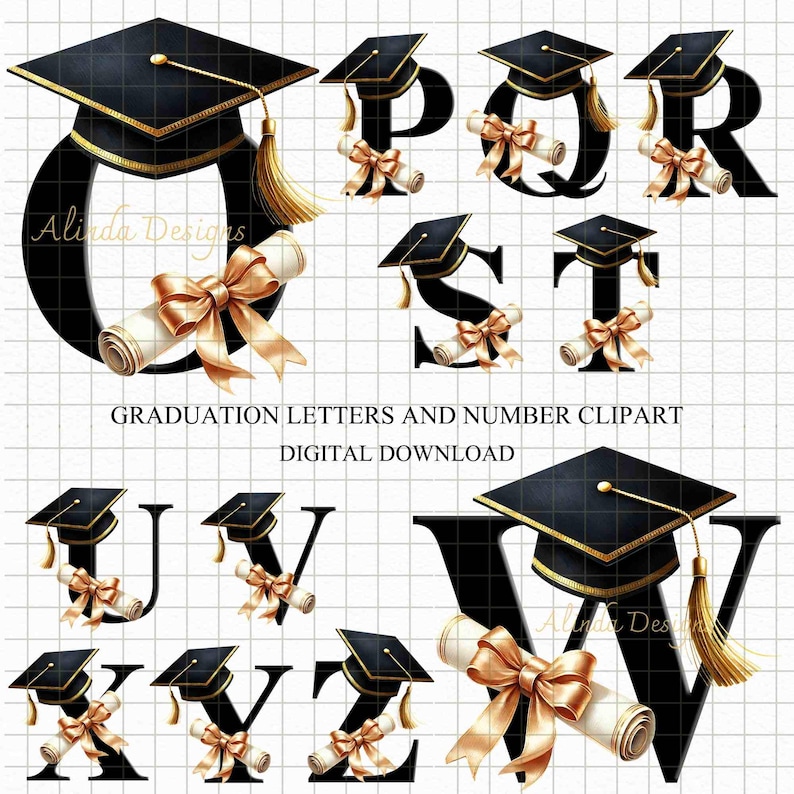 Graduation Letters and Numbers Clipart: A-Z, 0-9 (PNG Digital Download ...